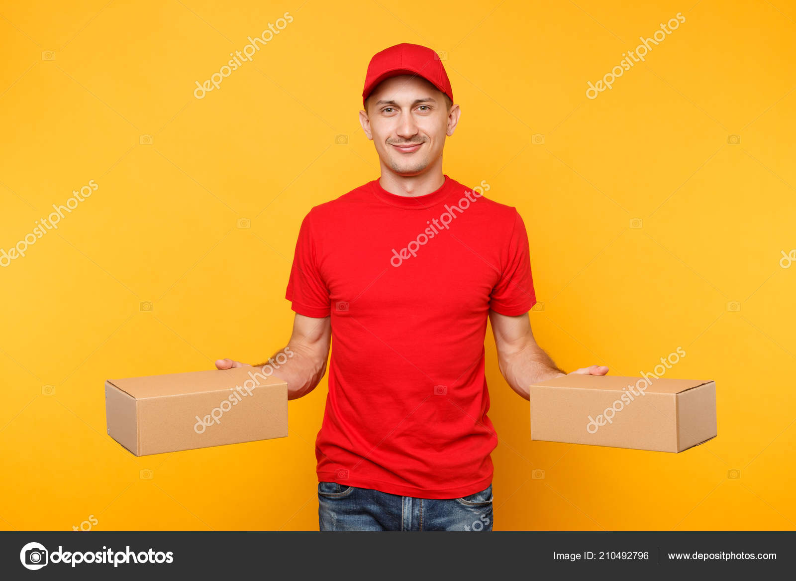 Delivery Man Red Uniform Isolated Yellow Orange Background Professional ...