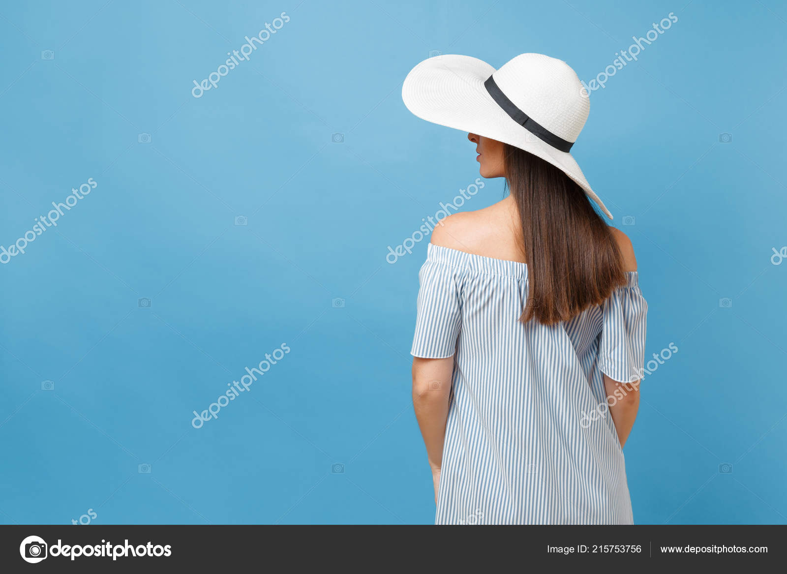 Back View Portrait Elegant Fashion Young Woman White Summer Large Stock ...