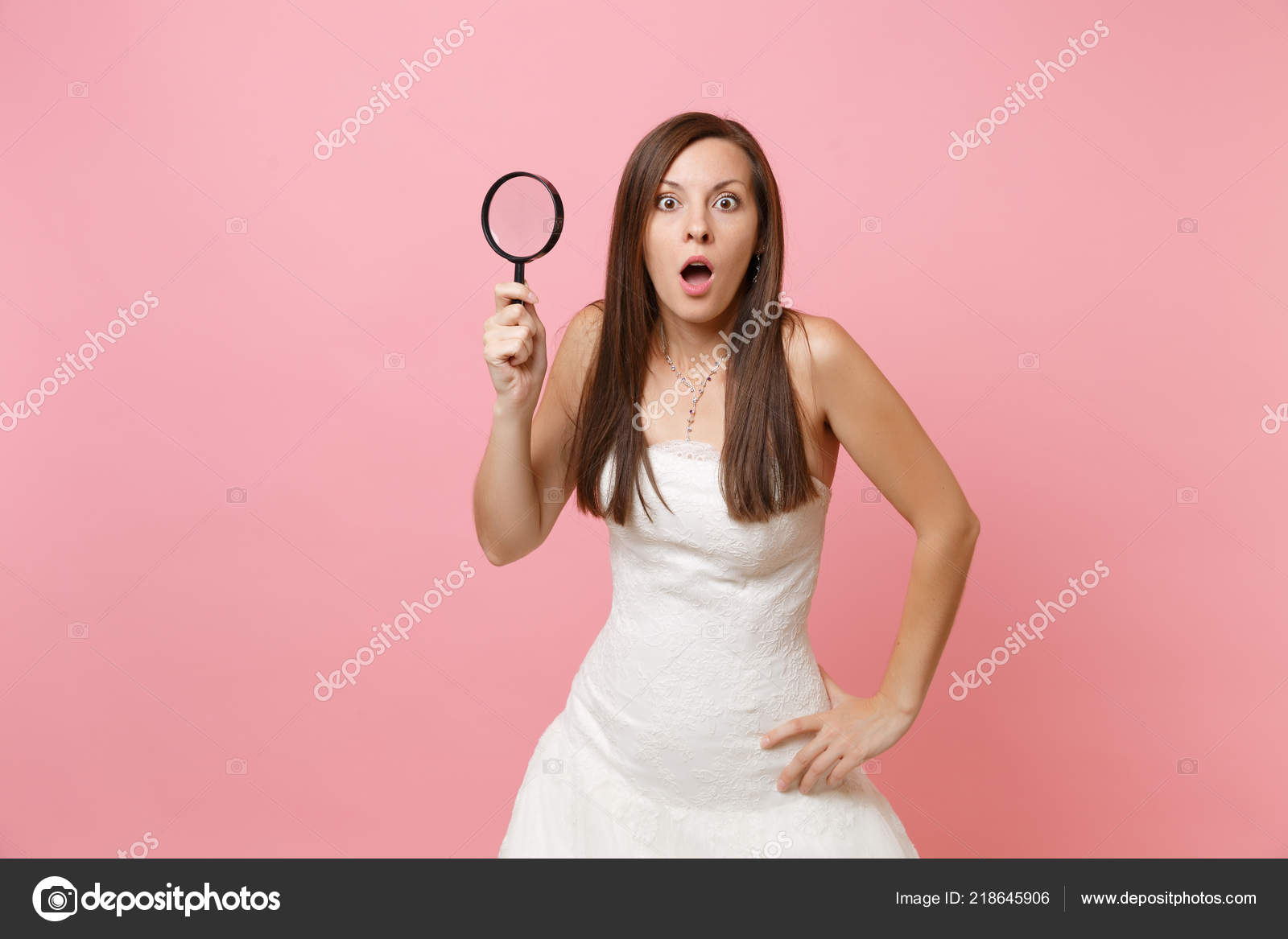 Portrait Shocked Bride Woman White Lace Wedding Dress Holding ...