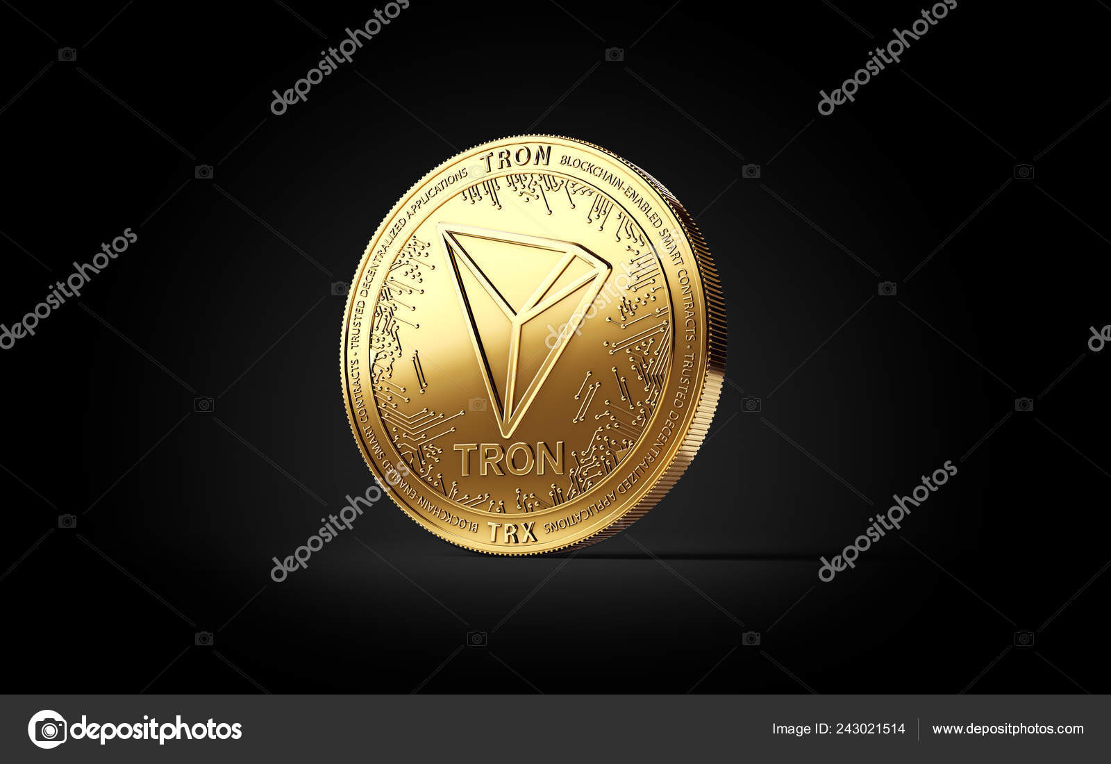 Golden Tron Cryptocurrency Concept Coin Isolated Black Background ...