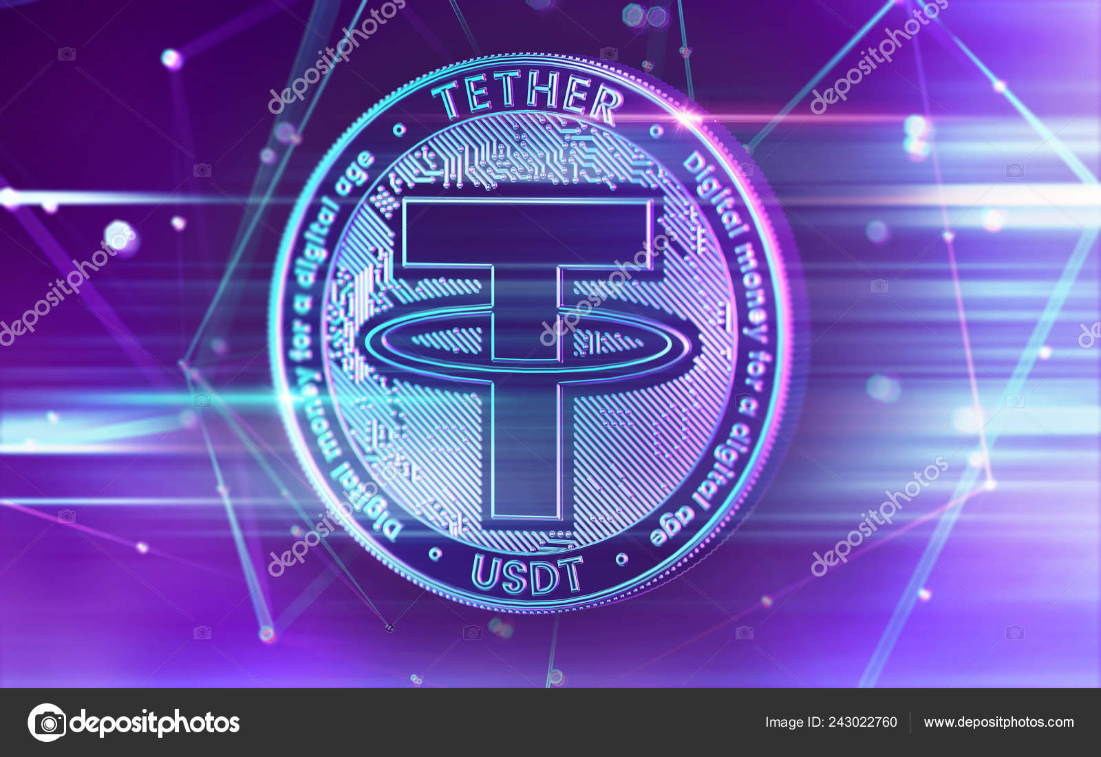 Neon Glowing Tether Usdt Coin Ultra Violet Colors Cryptocurrency ...