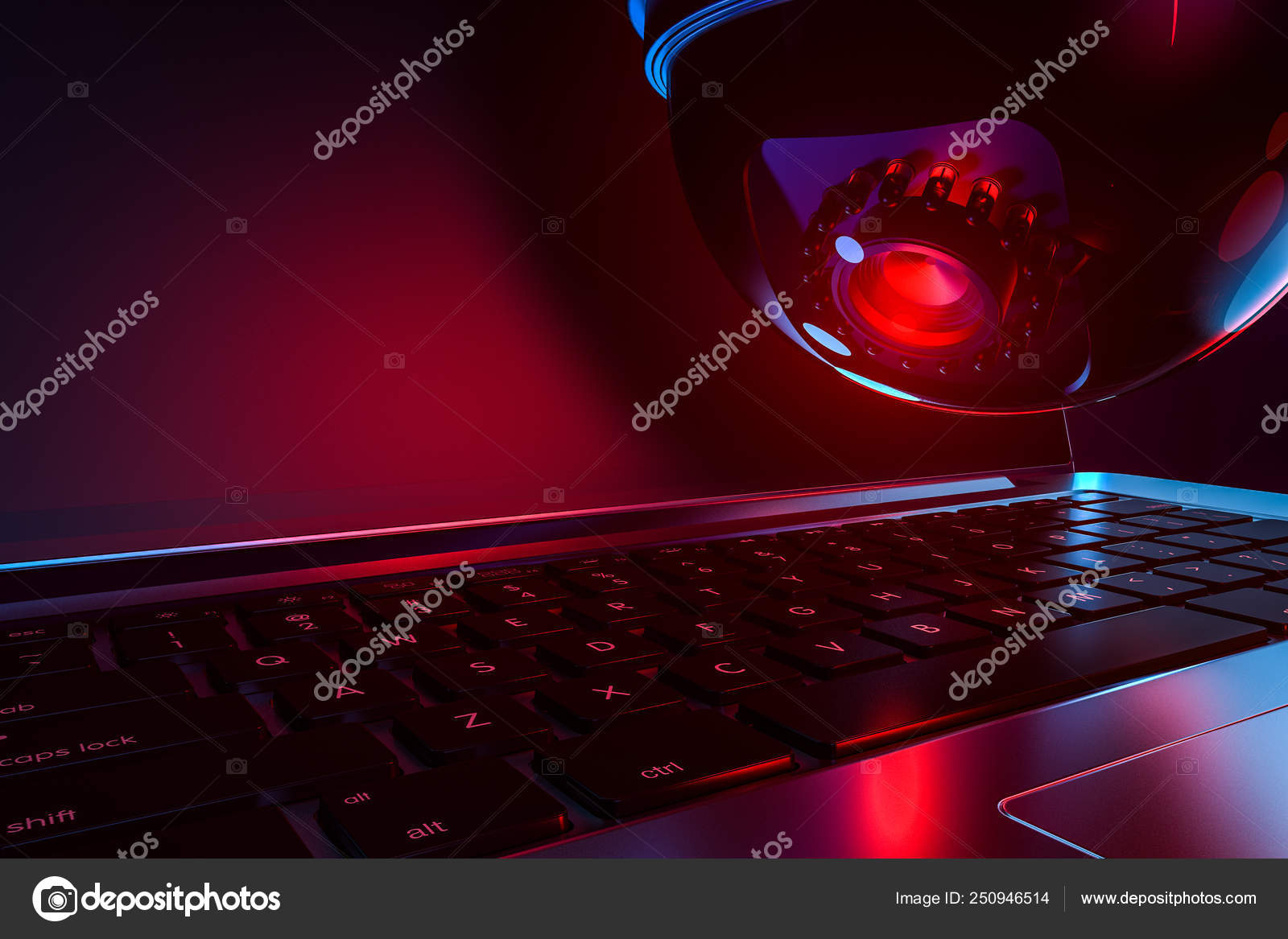 Big red eye of dome cctv watches keyboard and laptop screen ...