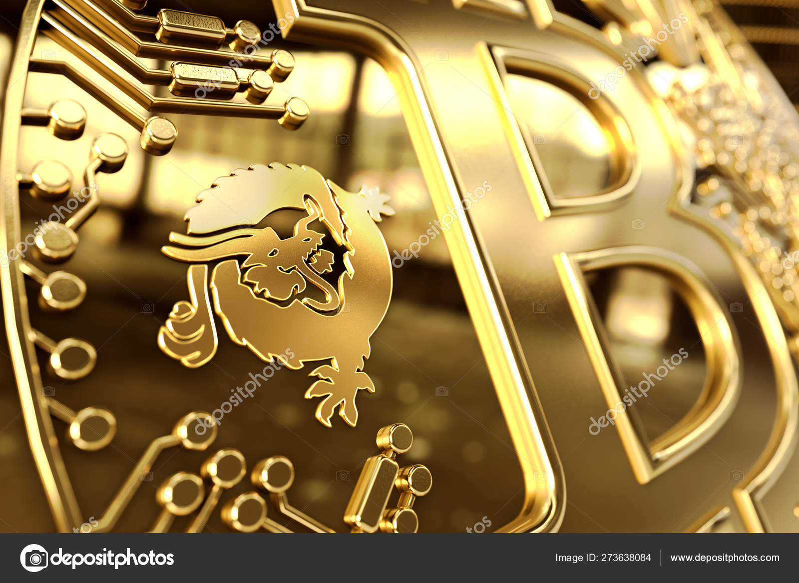 Close up shot on Dragon Logo on conceptual Bitcoin Satoshi Vision coin ...