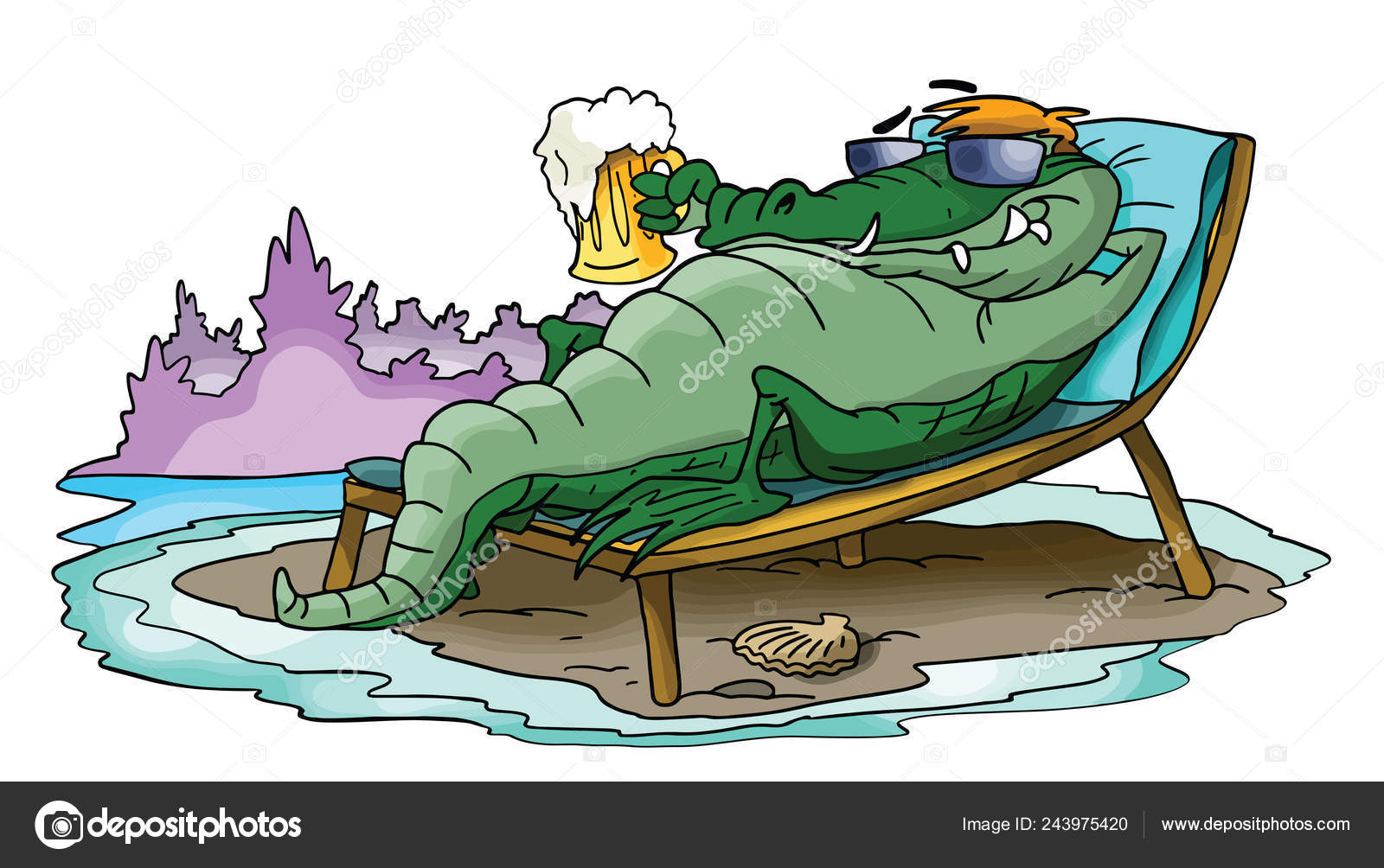 Cartoon Alligator Sunbathing Relaxing Beach Vector Illustration Stock ...