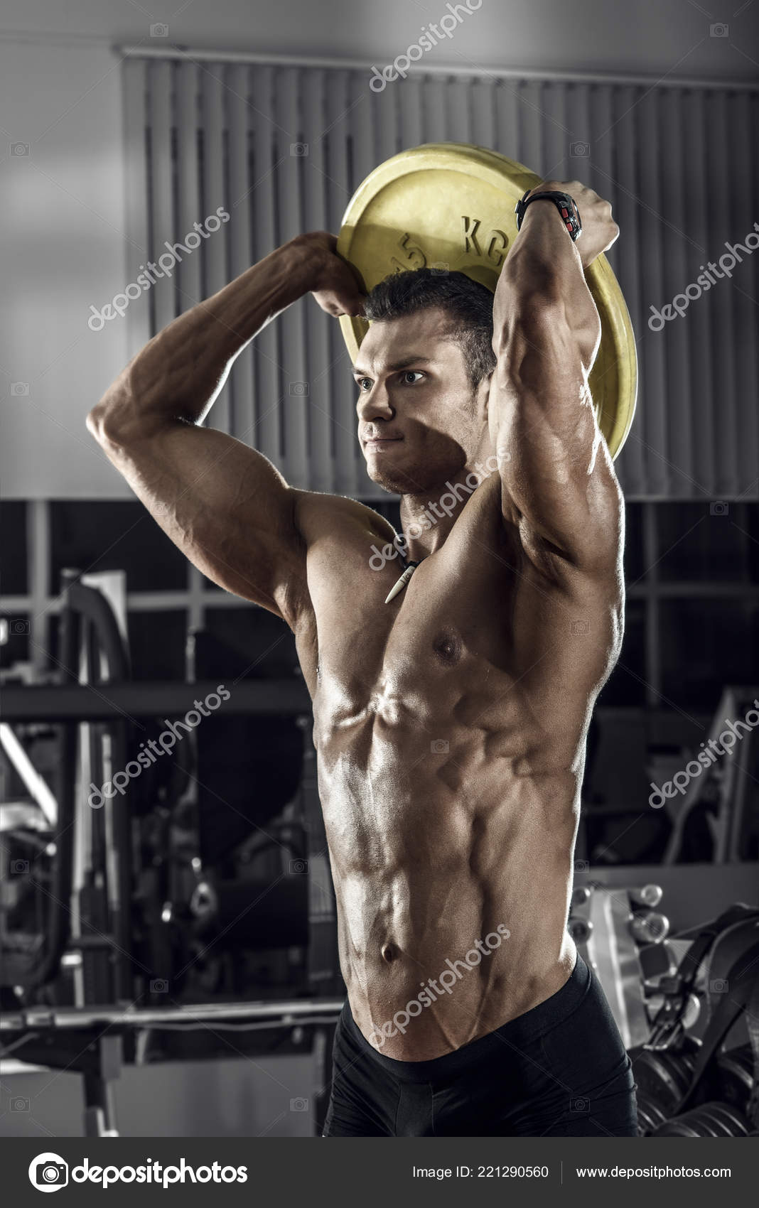 Guy Bodybuilder Perform Exercise Weights Barbell Dark Gym Stock Photo ...