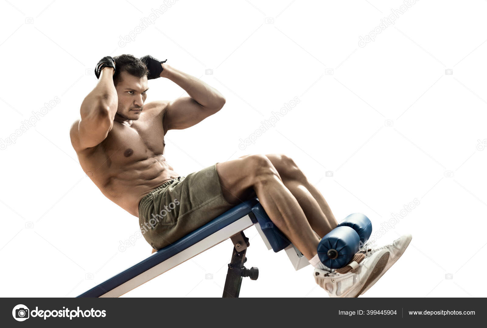 Man Bodybuilder Perform Exercise Prelum Abdominale Bench White ...