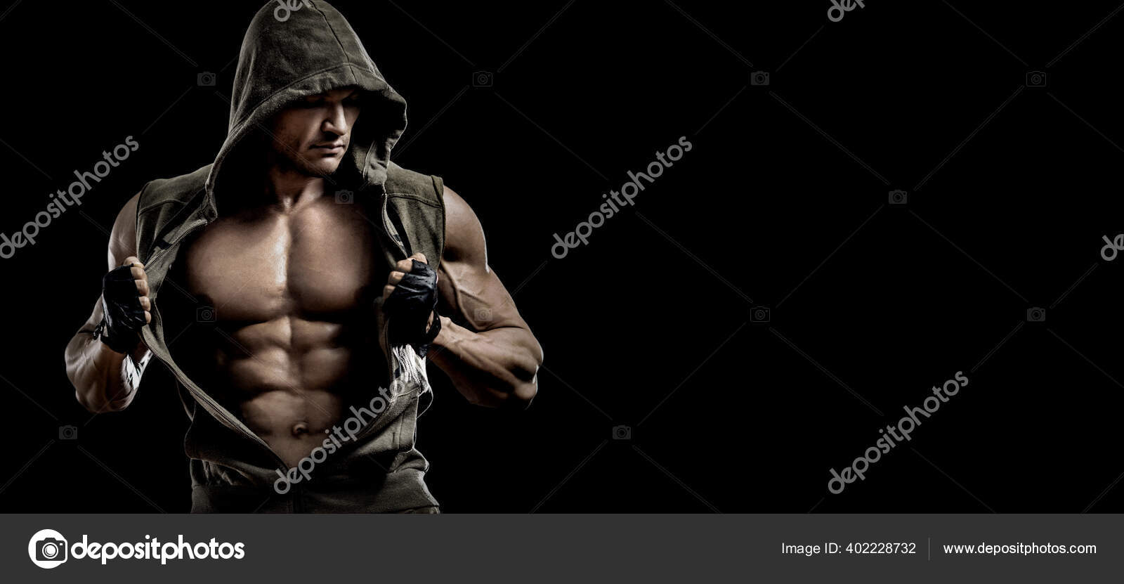 Portrait Bodybuilder Man Prelum Abdominale Dress Hood Black Background ...