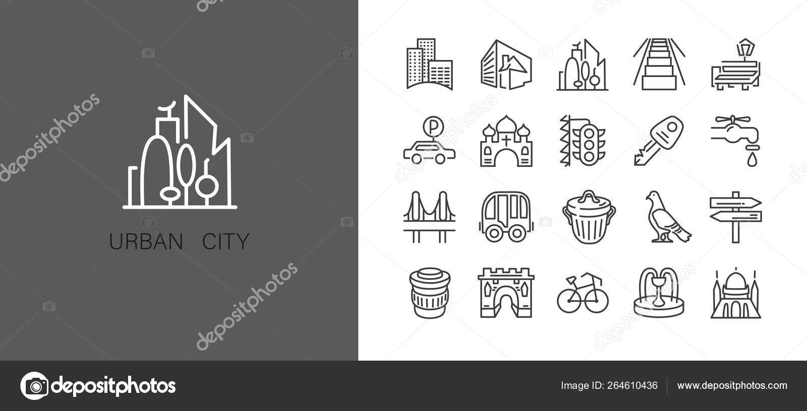 Urban and city element icon set in trendy simple line art style Stock ...