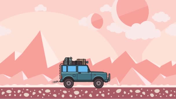 Animated SUV car with luggage on the roof trunk riding through ...