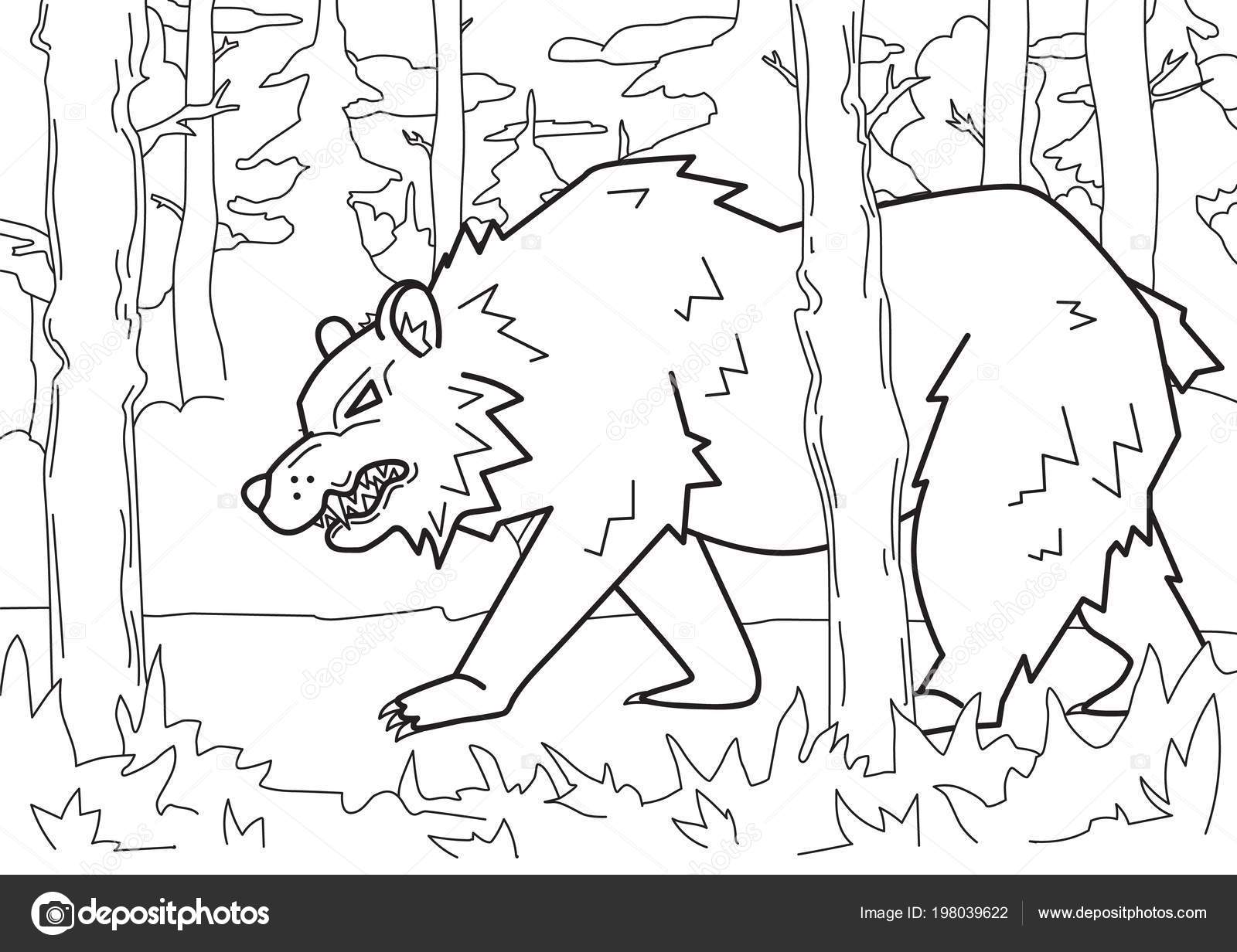 Oso enojado caminando por el bosque. Ilustración de vector de contorno para colorear libro ...