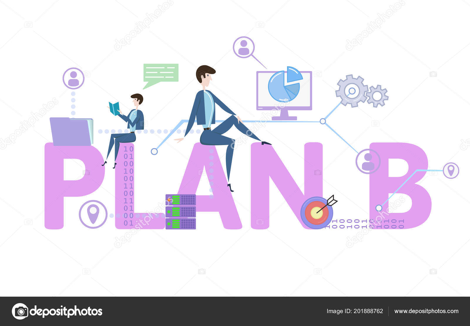 PLAN B. Concept table with keywords, letters and icons. Colored flat ...