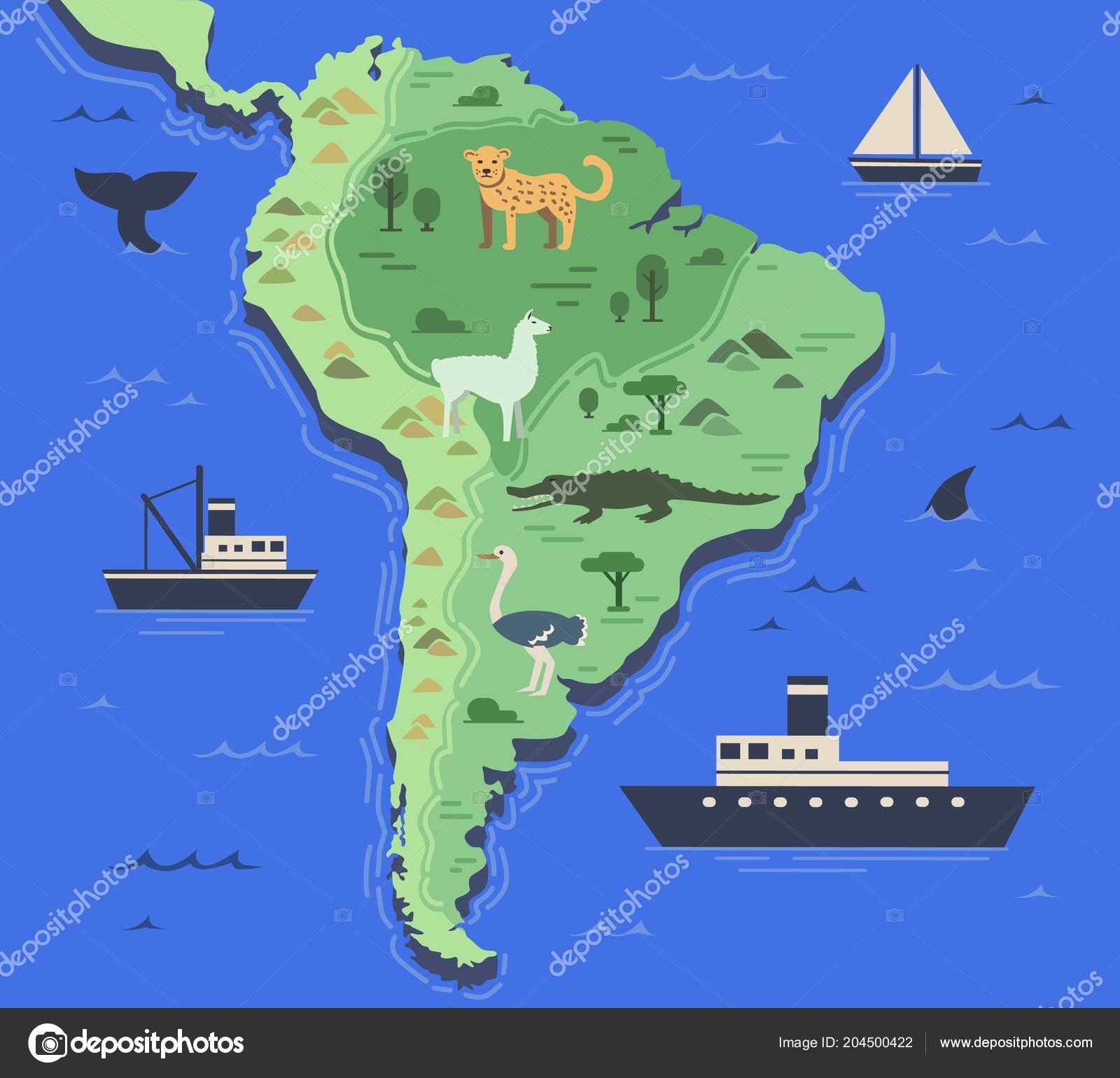 Stylized Map South America Indigenous Animals Nature Symbols Simple ...