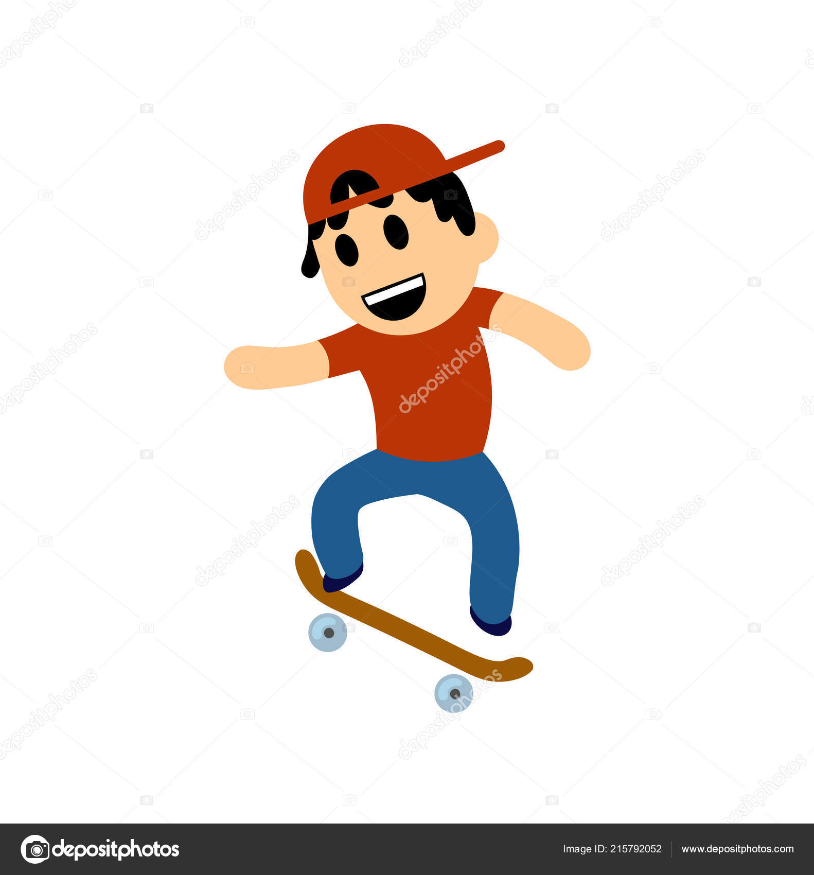 Funny cartoon boy performing trick on skateboard. Flat vector ...
