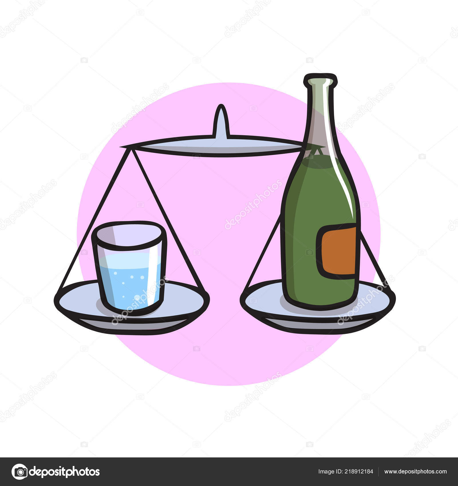 Galss of water and bottle of alcohol on scales. Cartoon design icon ...