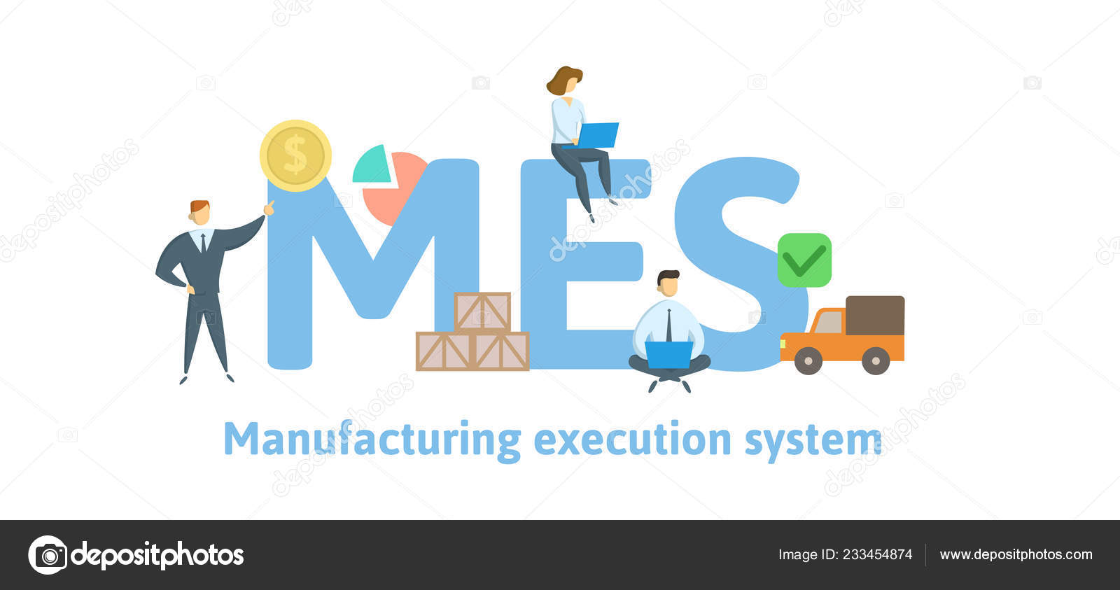 MES, Manufacturing execution system. Concept with keywords, letters and ...