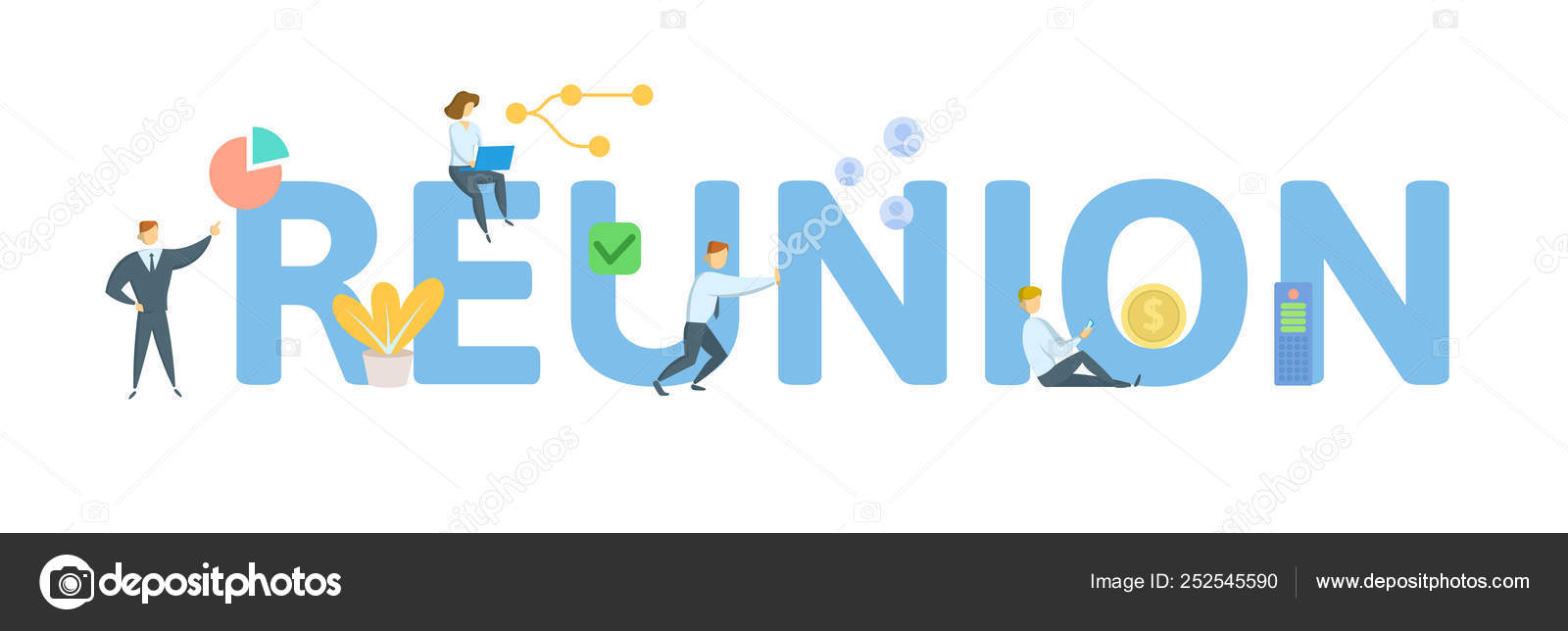 REUNION. Concept with people, letters and icons. Flat vector ...