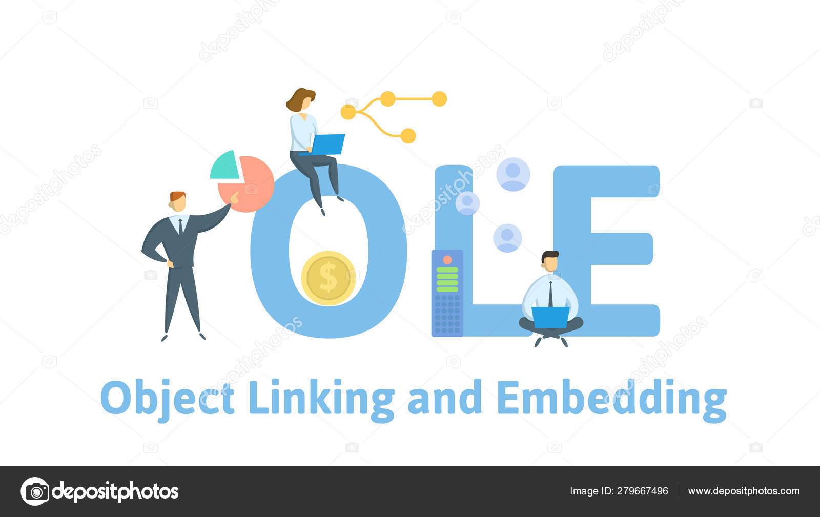 OLE, Object Linking and Embedding. Concept with people, keywords and ...