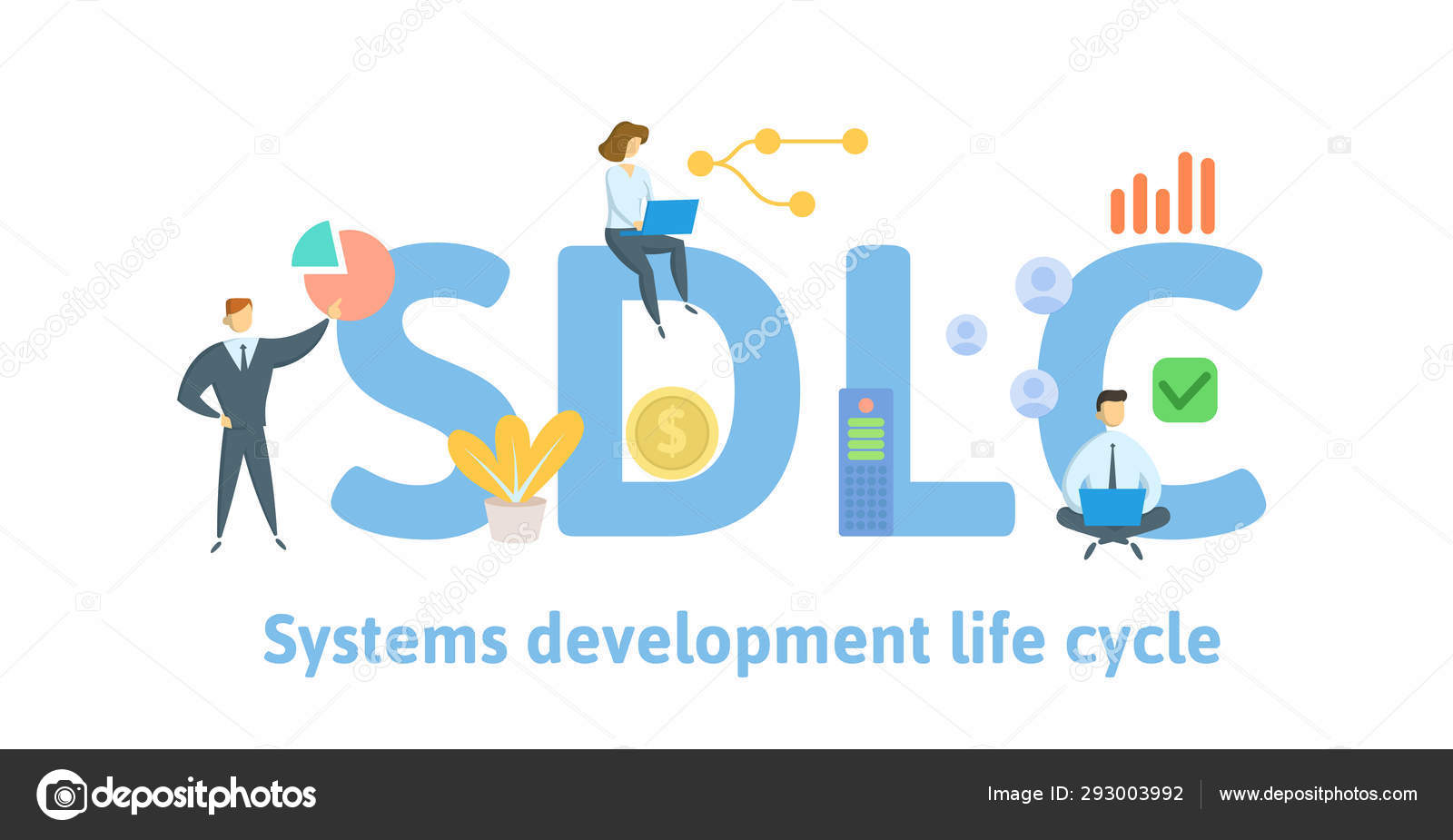 SDLC, Software Development Life Cycle. Concept with people, letters and ...