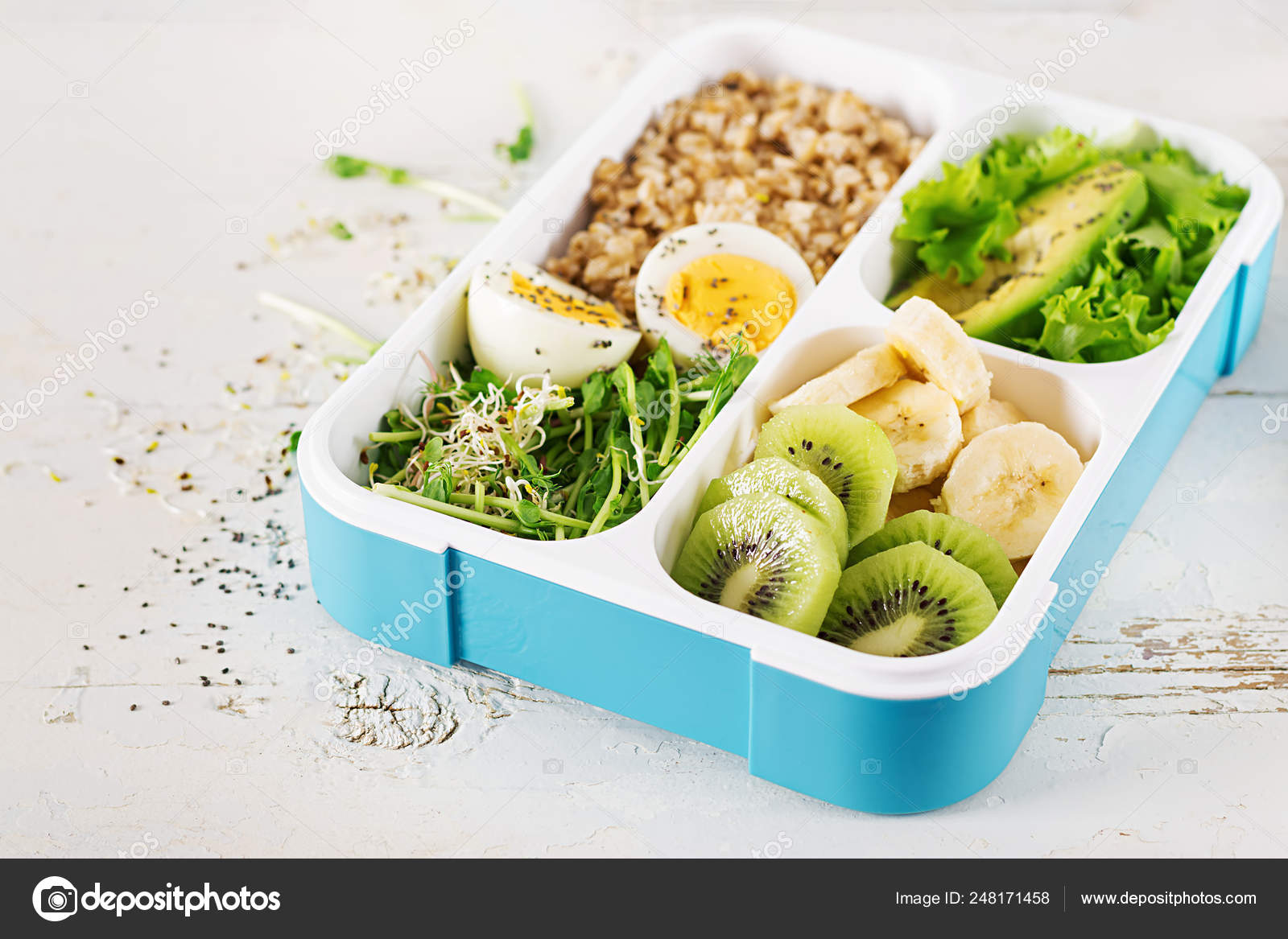 Lunch Box Boiled Eggs Oatmeal Avocado Micro Greens Fruits Healthy Stock ...