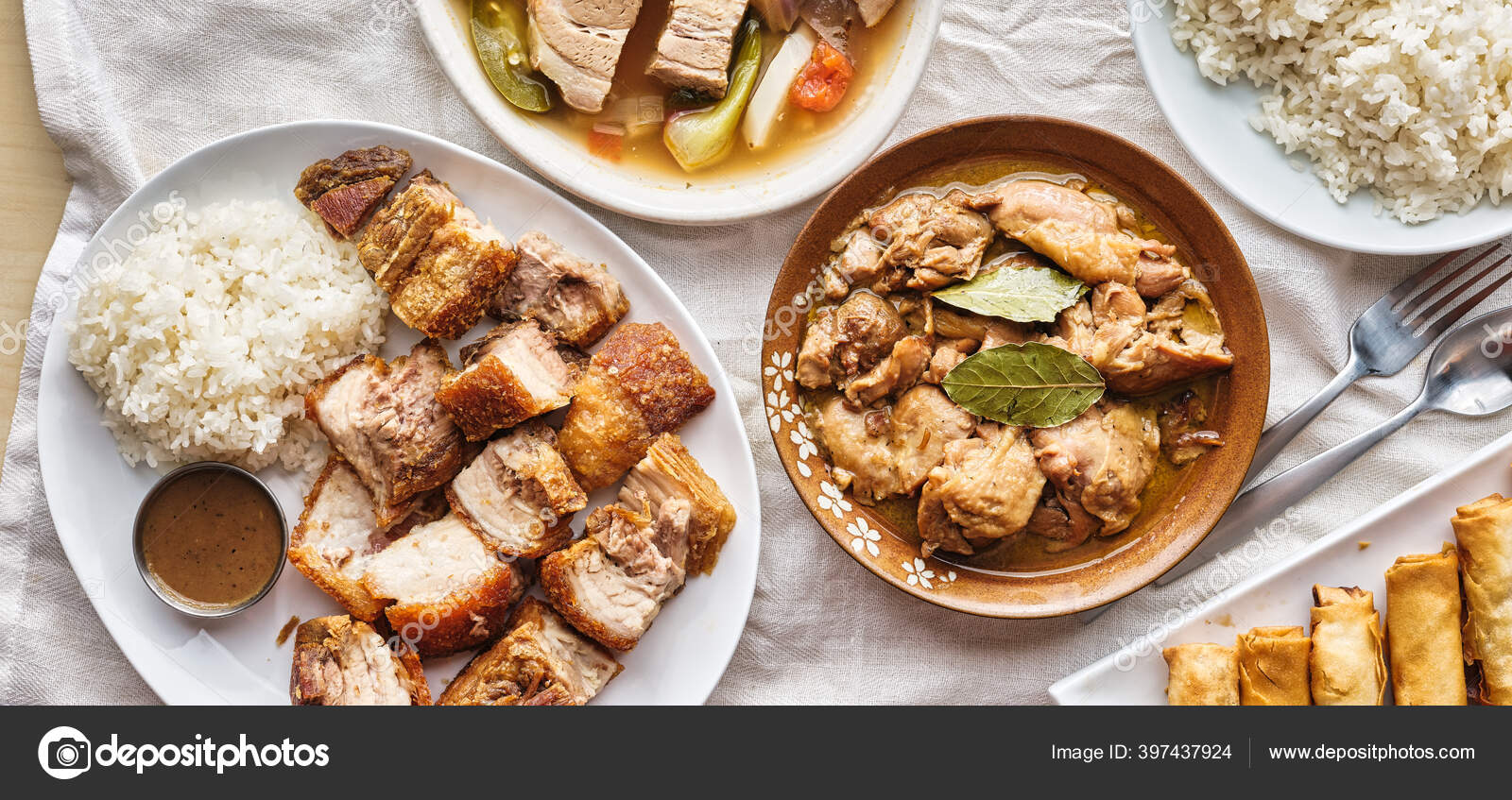 Filipino Dinner Sinigang Lechon Kawali Chicken Adobo Top Composition ...
