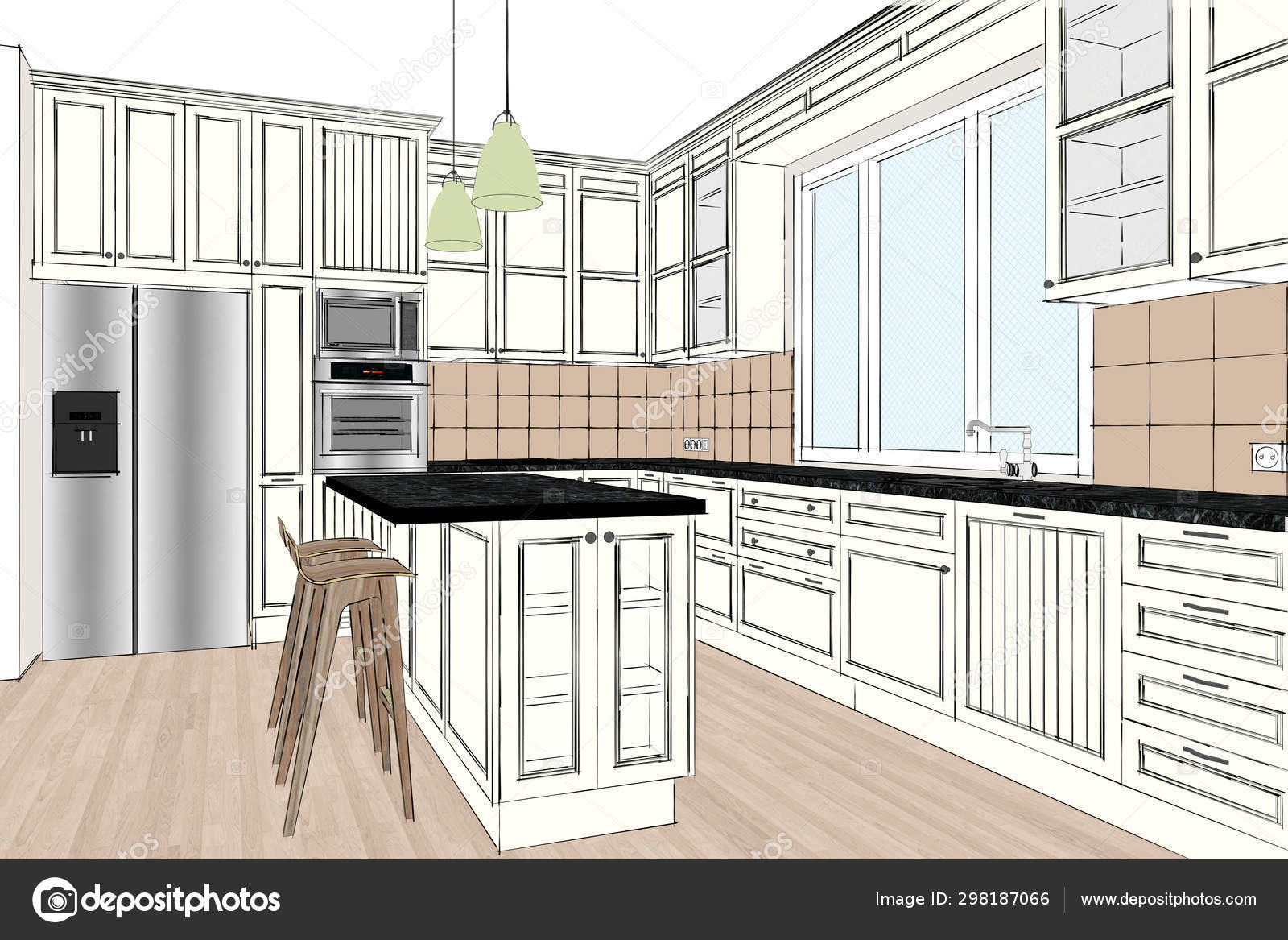 Rendering Classic Kitchen Design Light Interior Kitchen Island Room ...