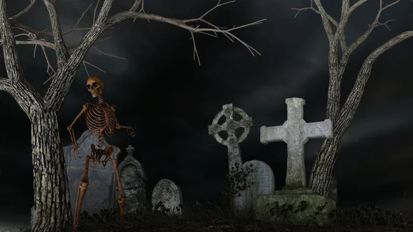 Skeleton in a spooky cemetery at night - 3d rendering - Stock Image ...