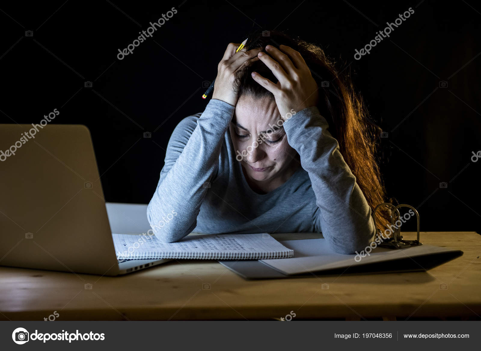 Overworked Tired Female Student Working Night Laptop Feeling Strong ...