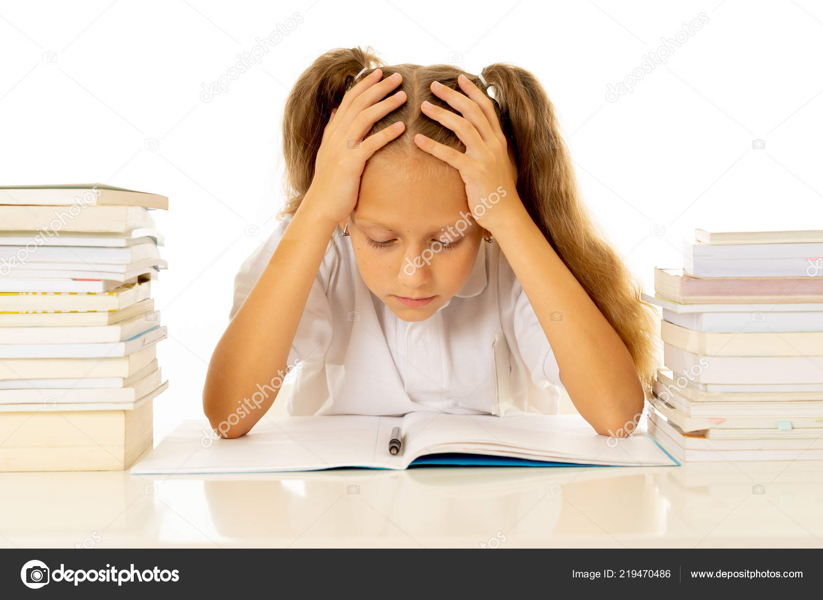 Sad Tired Cute Schoolgirl Sitting Stress While Doing Homework Overwhelm ...