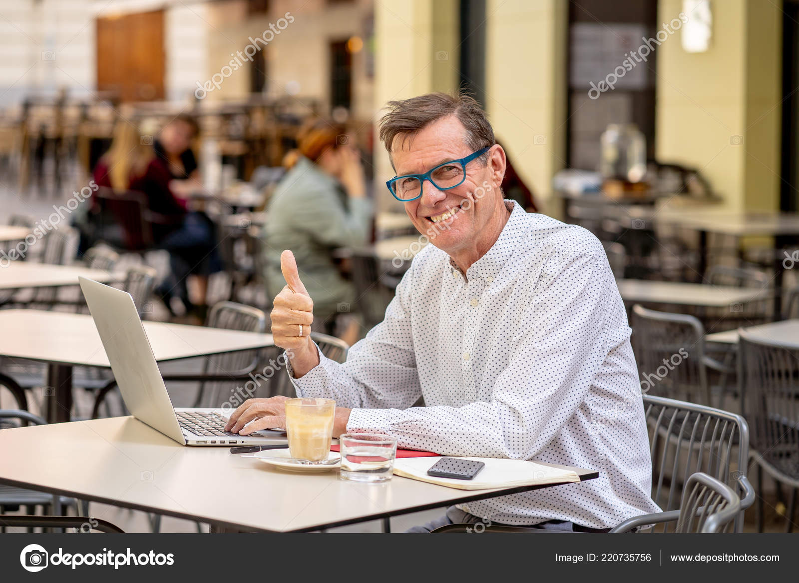 Cheerful Smiling Old Man Working Computer While Having Coffee Terrace ...