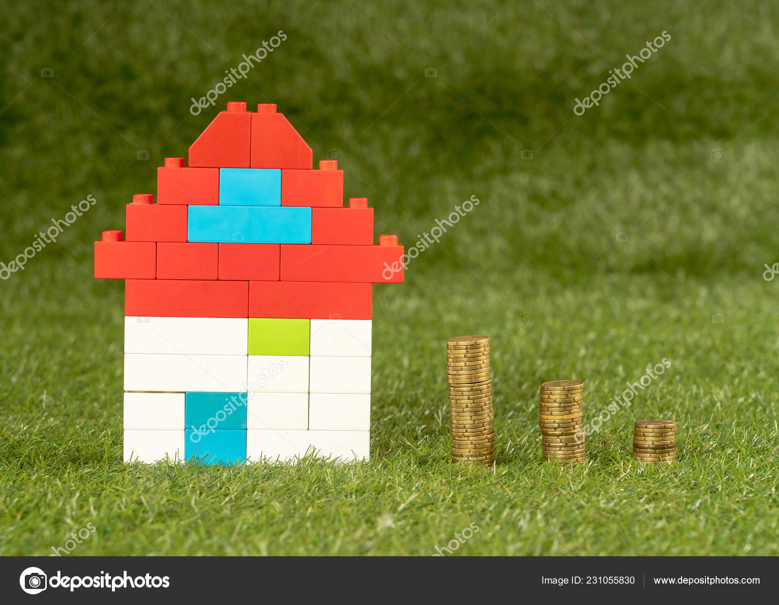 Conceptual Image Toy House Piles Coins Green Grass Field Top — Stock ...