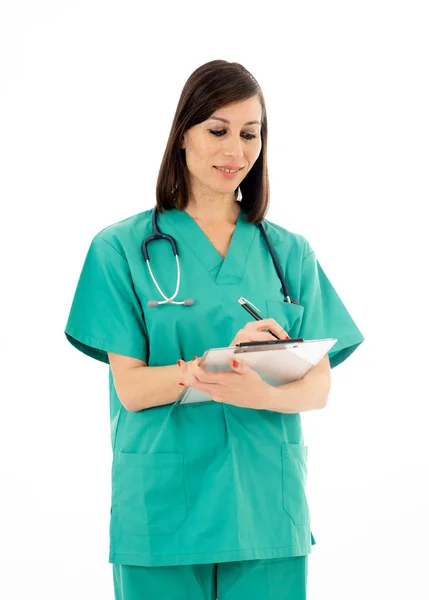 Happy Female Doctor Clipboard Stethoscope Hospital Uniform Isolated White Background — Stock ...