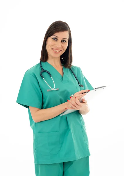 Happy Female Doctor Clipboard Stethoscope Hospital Uniform Isolated White Background — Stock ...