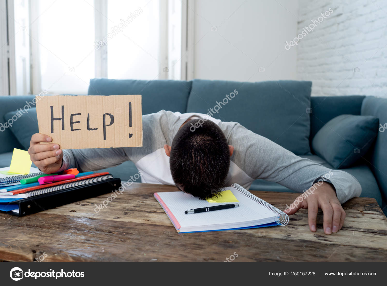 Young Tired Stressed Student Working His Homework Masters Feeling ...