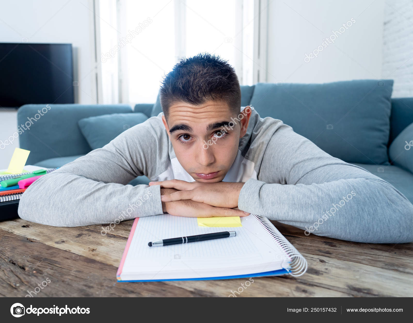 Overworked Tired University High School Male Student Working Studying ...
