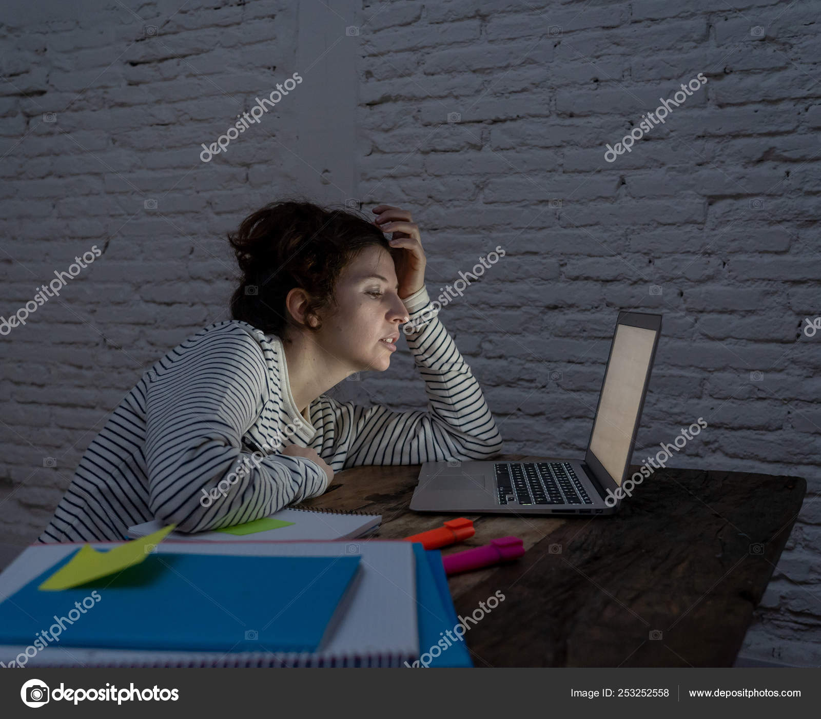 Overworked Tired Female Student Working Late Night Her Laptop Trying ...
