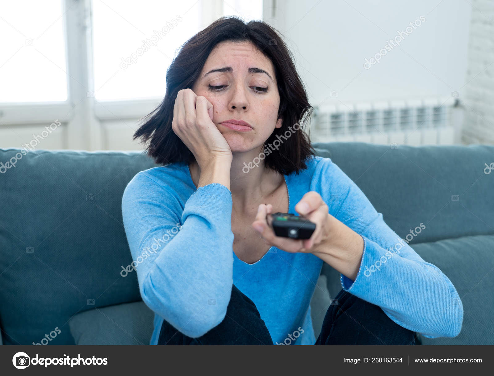 Young Upset Woman Sofa Using Control Remote Zapping Bored Bad — Stock ...