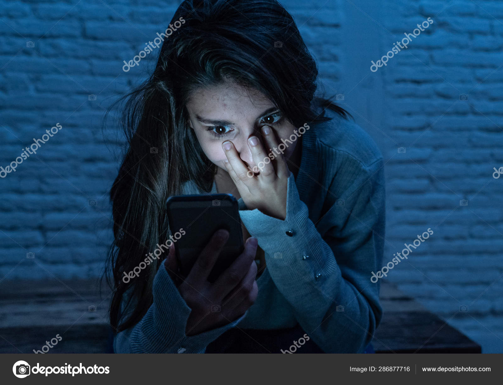 Dramatic Portrait Sad Scared Young Woman Smart Mobile Phone Suffering ...