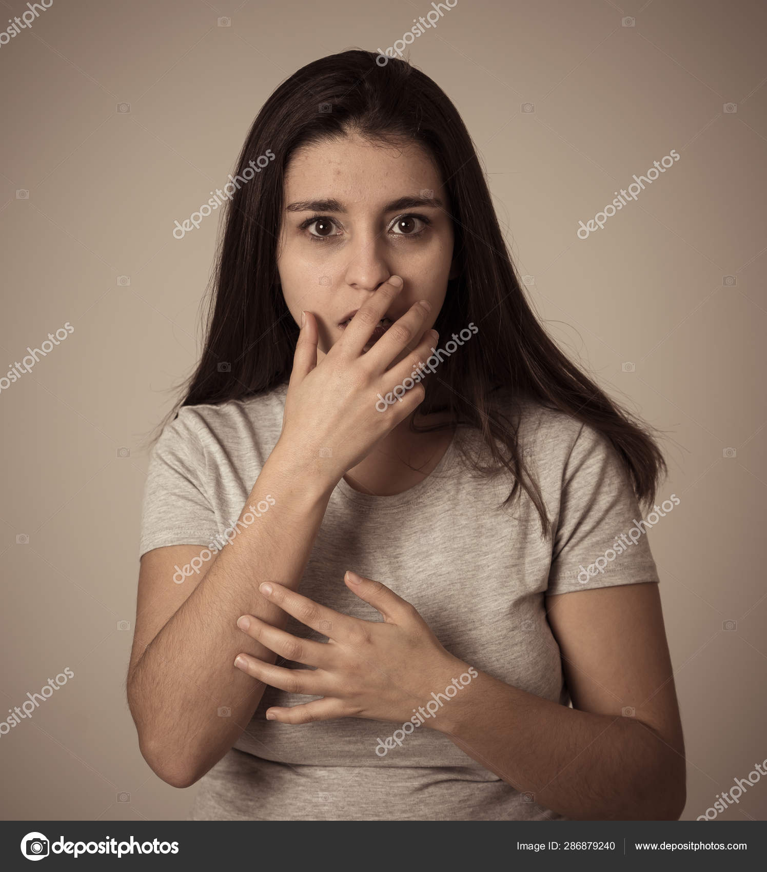 Close Young Woman Feeling Scared Shocked Making Fear Anxiety Gestures ...