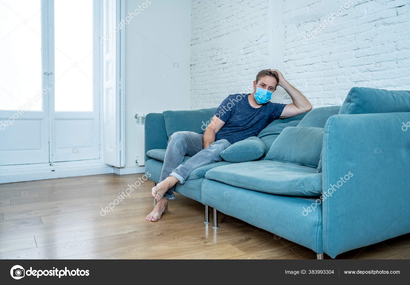 Sad Man Protective Face Mask Home Living Room Couch Feeling Stock Photo ...