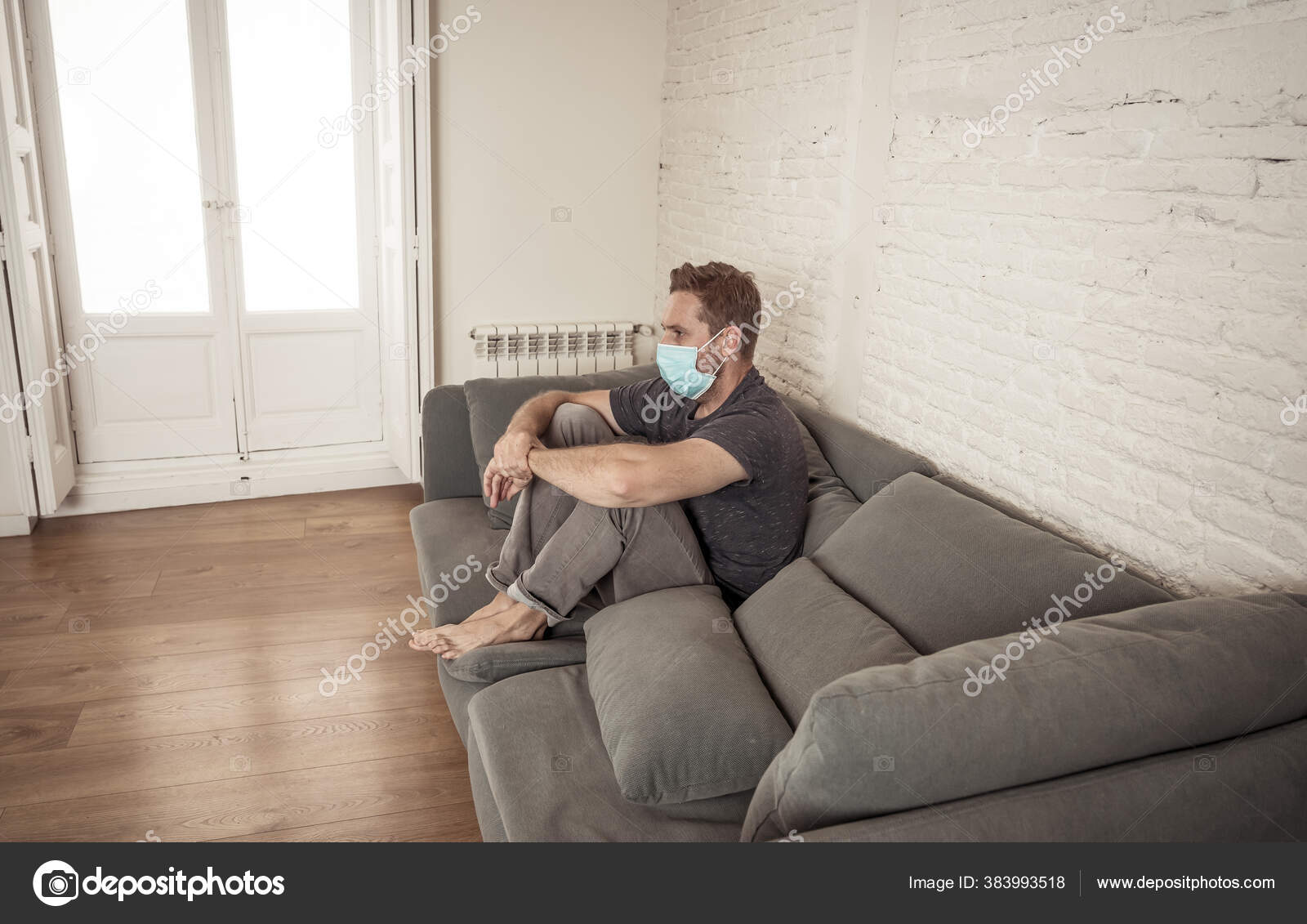 Sad Man Protective Face Mask Home Living Room Couch Feeling Stock Photo ...