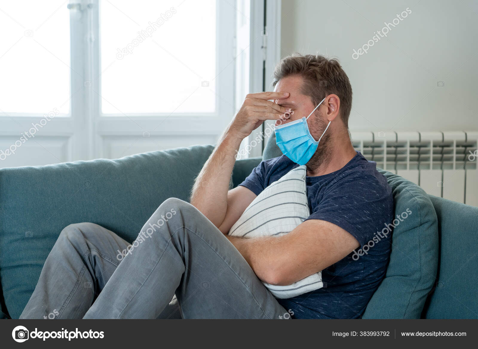 Sad Man Protective Face Mask Home Living Room Couch Feeling Stock Photo ...