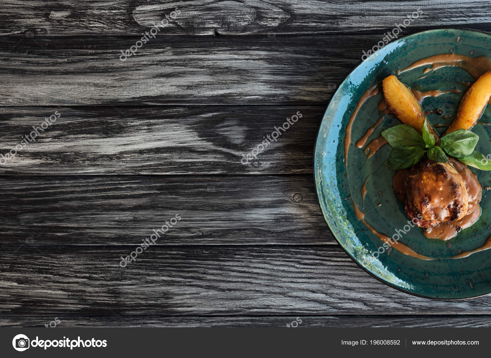 Top View Tasty Cooked Meat Basil Leaves Sauce Plate Wooden Stock Photo ...