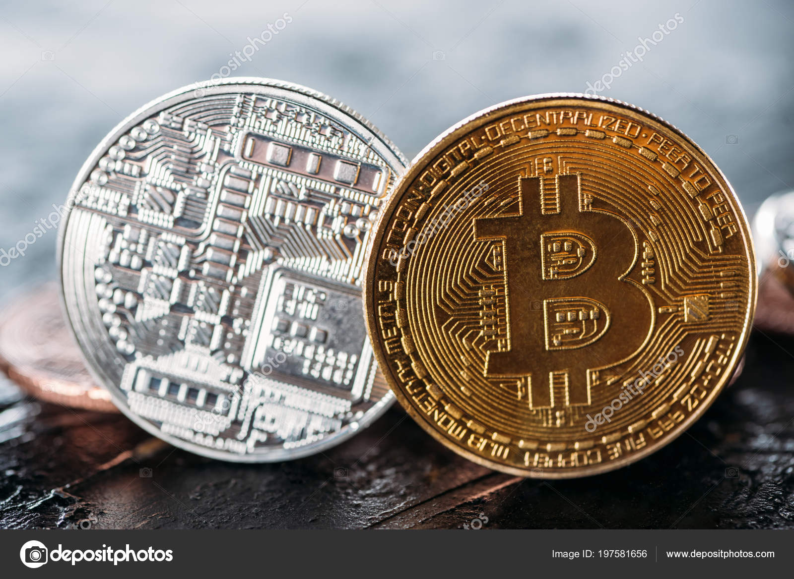 Close View Golden Silver Bitcoins Dark Surface — Stock Editorial Photo ...
