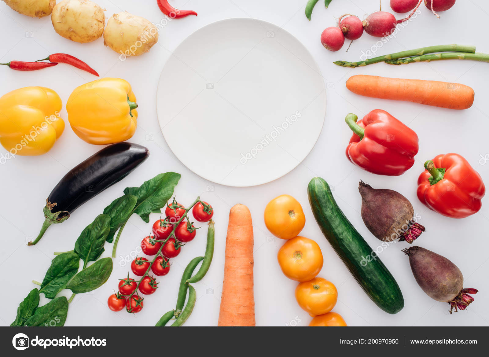 Top View Empty Plate Fresh Organic Vegetables Isolated White — Stock ...
