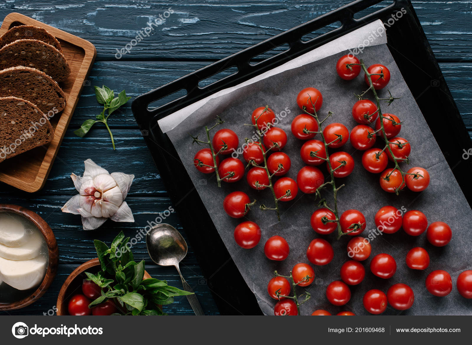 Red Cherry Tomatoes Baking Dark Wooden Table Condiments Bread — Free ...