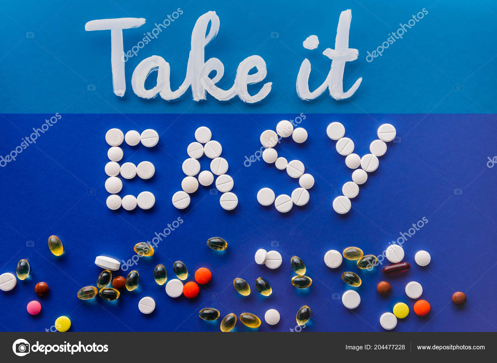 Top View Lettering Take Easy White Pills Various Tablets Blue — Free ...