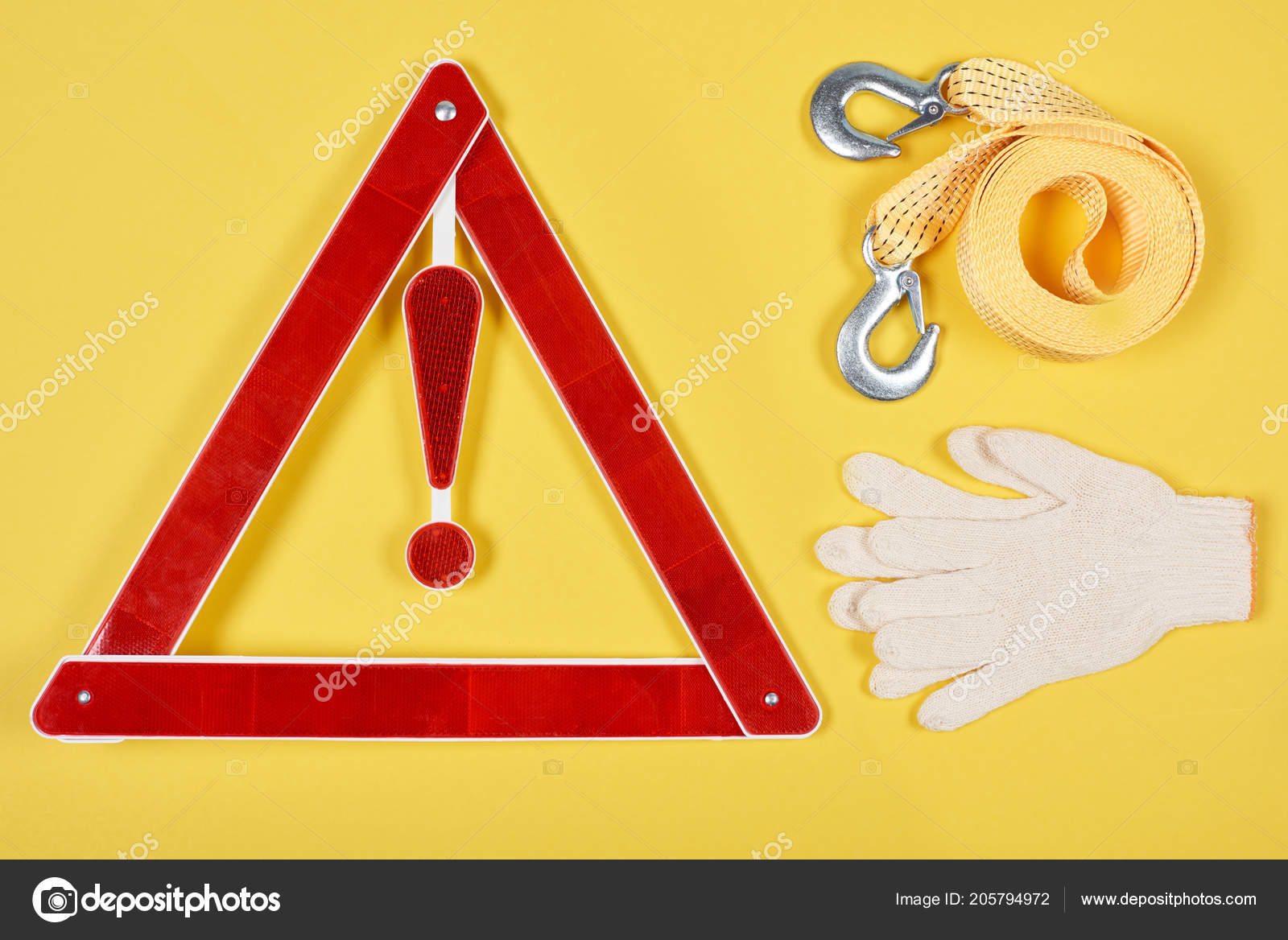 Top View Warning Triangle Road Sign Gloves Car Tow Rope — Stock Photo ...