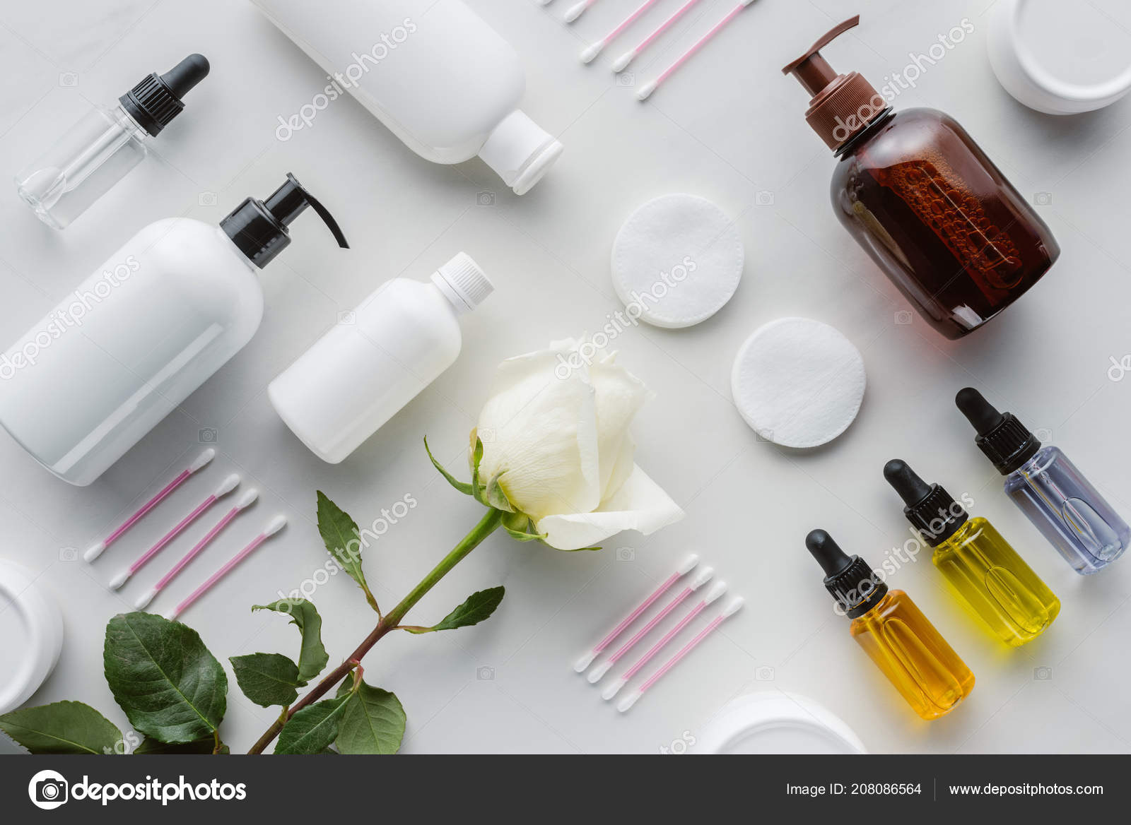 Top View Bottles Cream Cosmetic Pads Rose White Surface Beauty — Stock ...