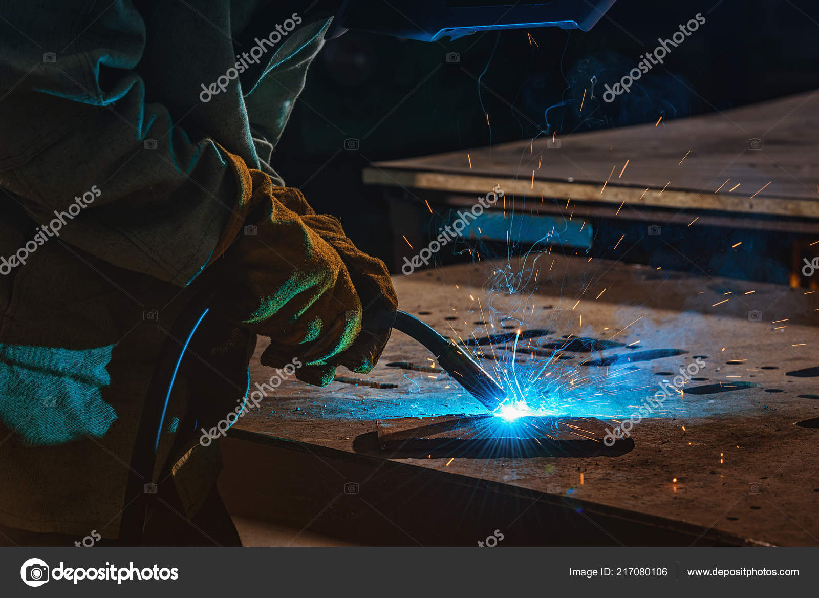 Partial View Welder Protection Mask Welding Metal Sparks Factory ...