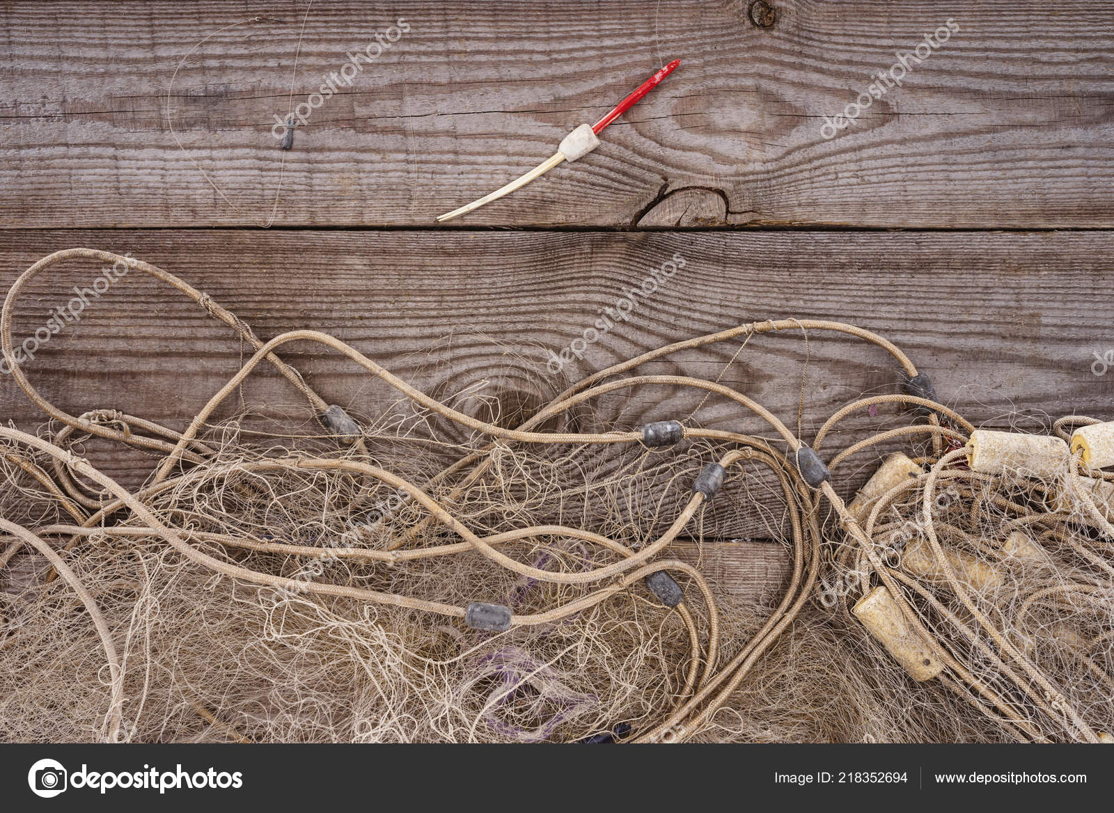 Elevated View Fishing Net Fishing Float Wooden Background Stock Photo ...